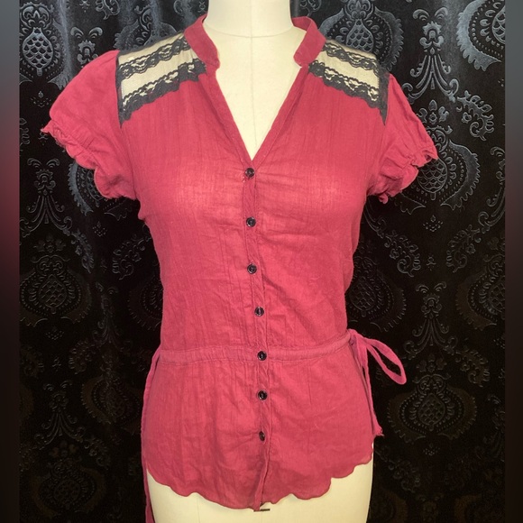 Morbid Threads | Tops | Red Button Up Top With Lace Decal | Poshmark